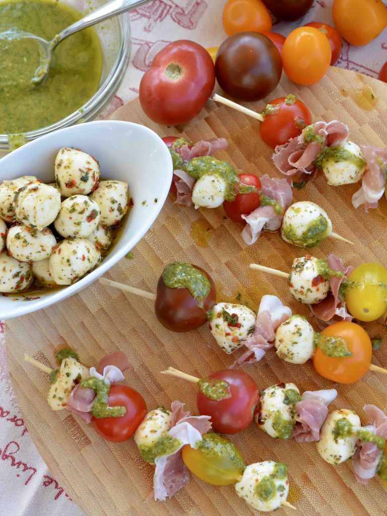 Caprese Skewers with Marinated Mozzarella, Tomatoes, Prosciutto, and ...